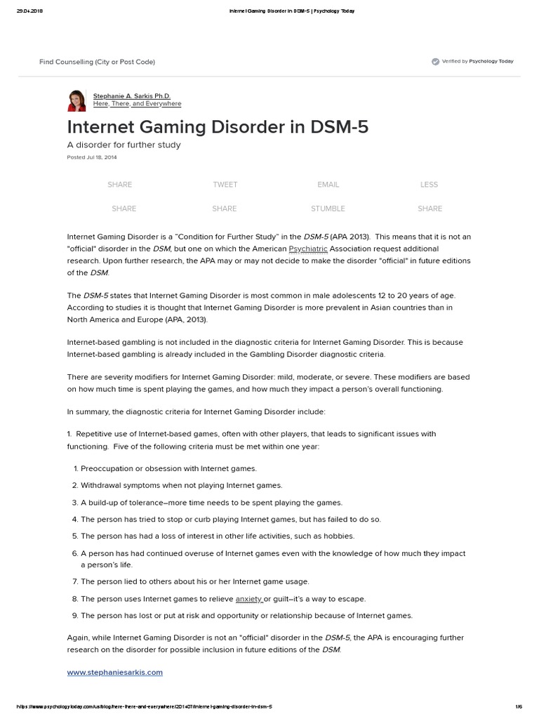 Internet Gaming Disorder in DSM-5 - Psychology Today | PDF | Diagnostic ...