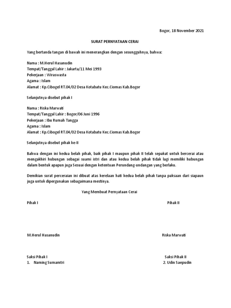 Surat Pernyataan Cerai M.Herul dan Riska | PDF | Hukum
