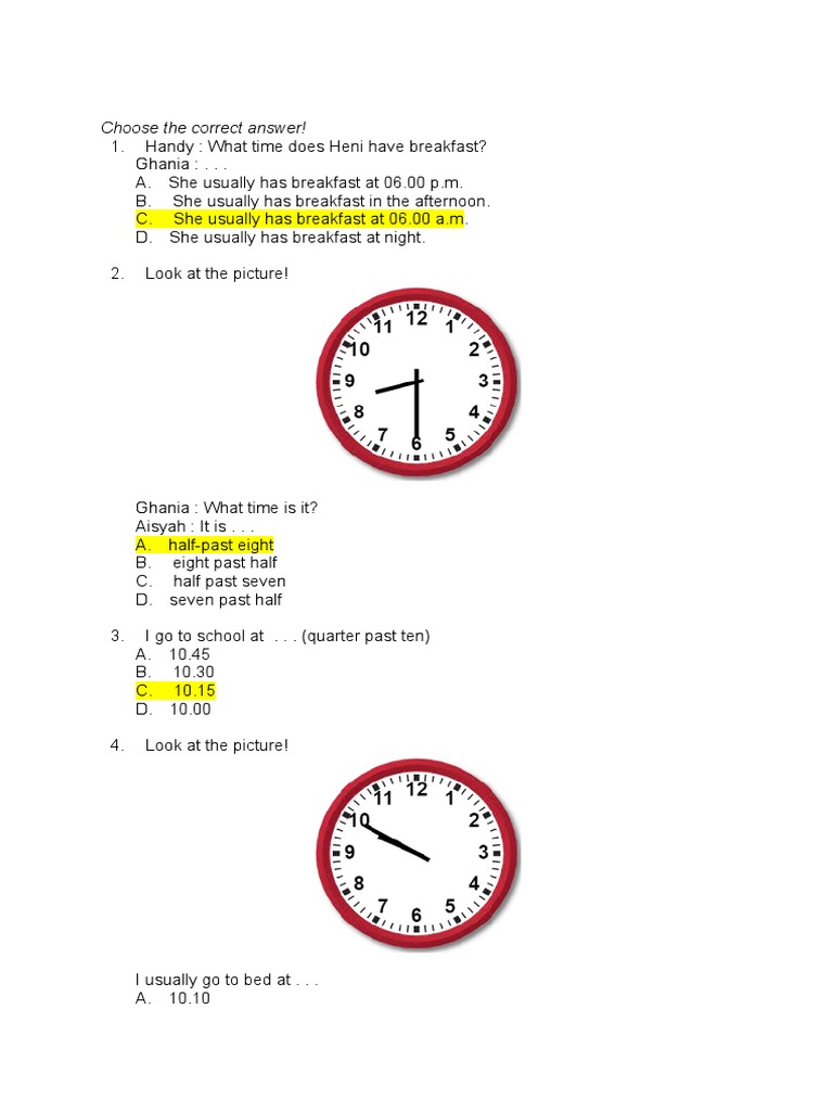 Soal Latihan Telling Time Kelas 7 A Dan 7 B Download Free Pdf Clock