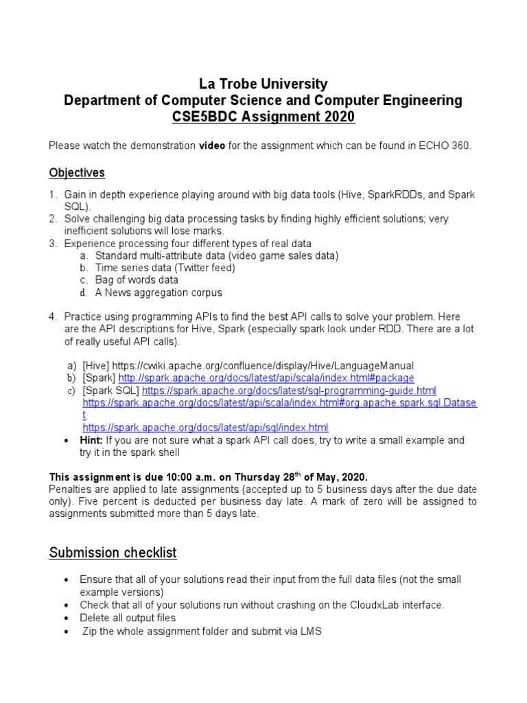 La Trobe University Department of Computer Science and Computer Engineering CSE5BDC Assignment ...