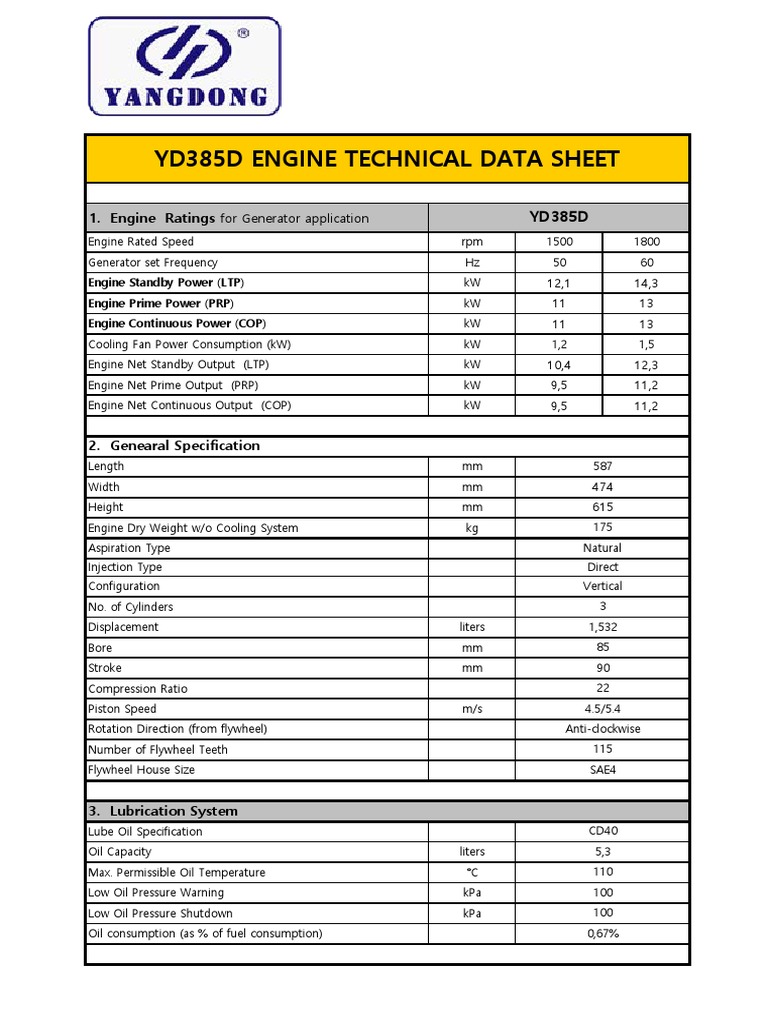Yd385D Engine Technical Data Sheet | PDF | Engines | Turbocharger