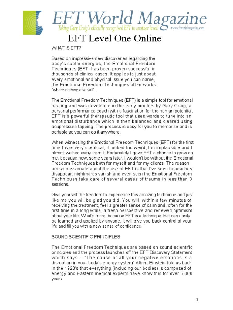 EFT World Level One EFT Course | PDF | Emotional Freedom Techniques ...