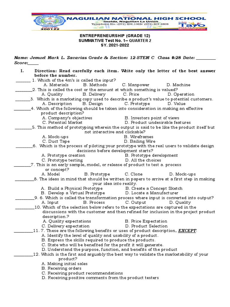 Grade 12 Entrepreneurship Quarter 2 Test | PDF | Prototype | Sales