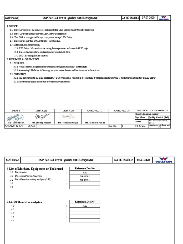 SOP Name SOP For Led Driver Quality Test (Refrigerator) DATE ISSUED 07. ...