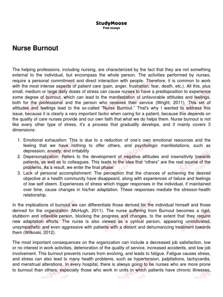 Nurse Burnout: Emotional Exhaustion, Depersonalization, and Lack of ...