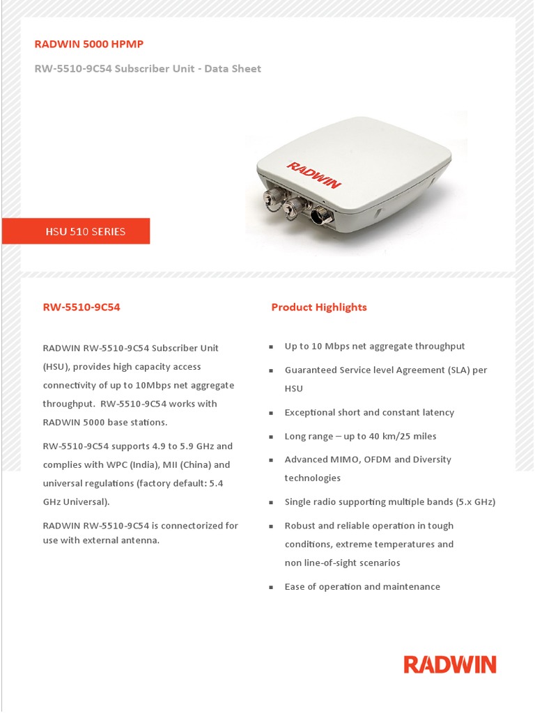 RW-5510-9C54 Subscriber Unit - Data Sheet: Radwin 5000 HPMP | PDF | Information Age | Communication