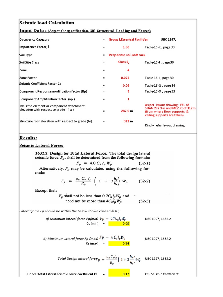 Seismic Load Calculation Input Data:: (As Per The Specification, 301 Structural Loading and ...