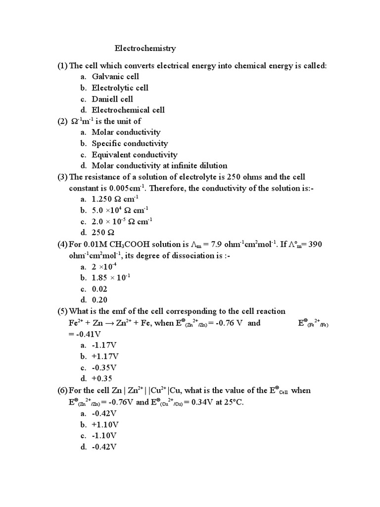 Electrochemistry Quiz for Students | PDF | Electrochemistry | Redox
