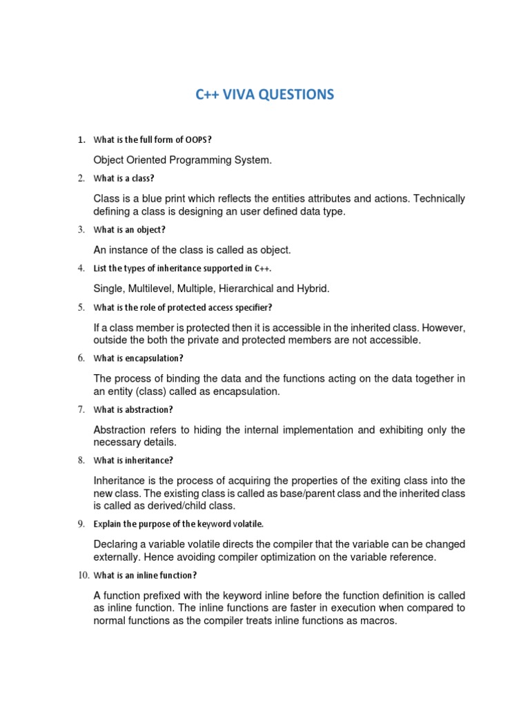 SBL Part 1 Viva Questions | PDF | C++ | Class (Computer Programming)
