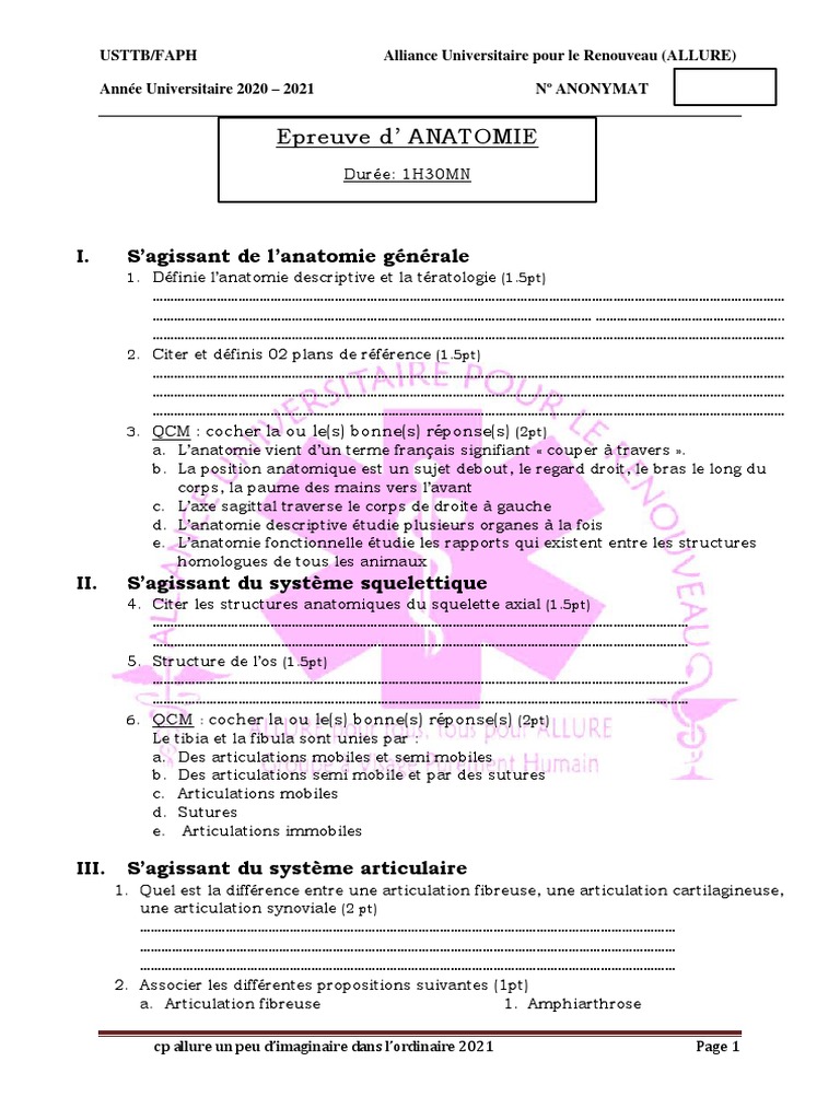 Anatomie: Concepts Clés et QCM | PDF | Articulation (anatomie) | Cartilage