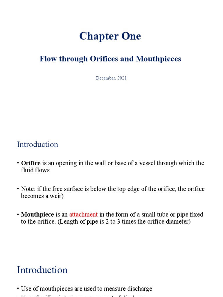 Chapter One: Flow Through Orifices and Mouthpieces | PDF | Discharge (Hydrology) | Dynamics ...