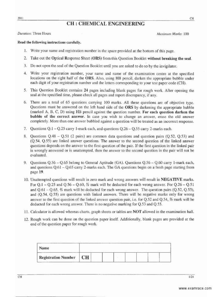 2011 Chemical Engineering Exam Instructions | PDF | Reaction Rate ...