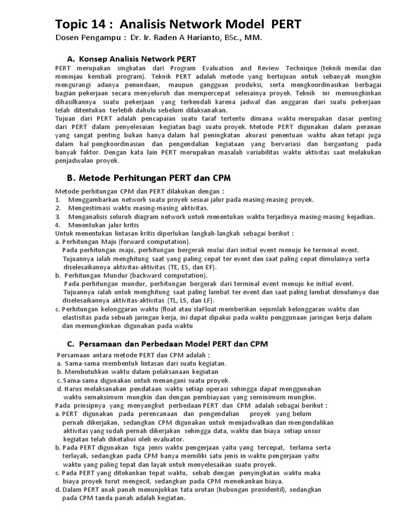 Topic 14 Network Model PERT | PDF | Teknologi & Rekayasa