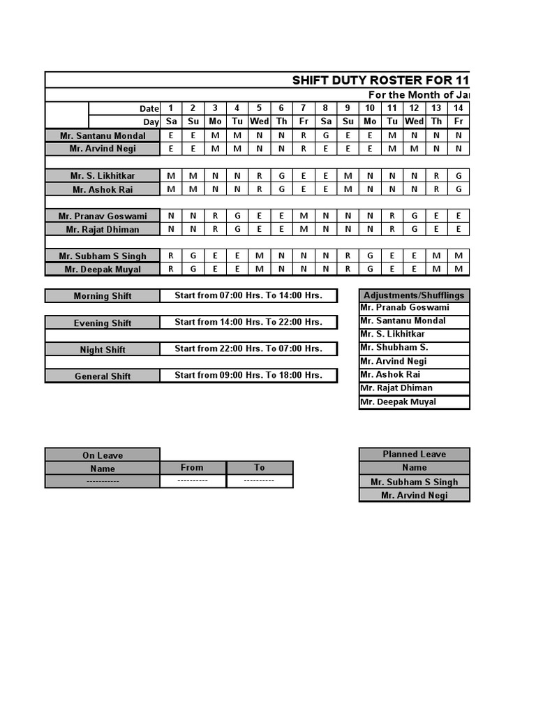 Shift Duty Roster 2022 | PDF