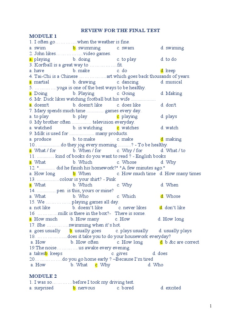 Review For The Final Test - English 1 | PDF