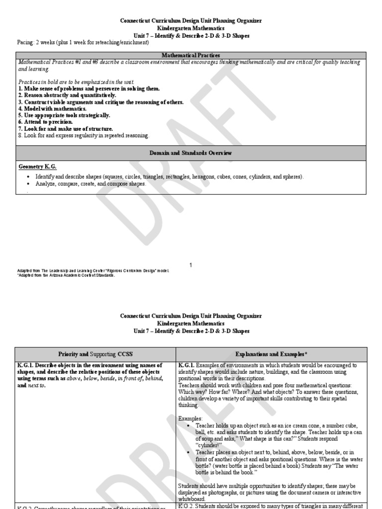 Kindergarten Math Unit 7 | PDF | Shape | Curriculum