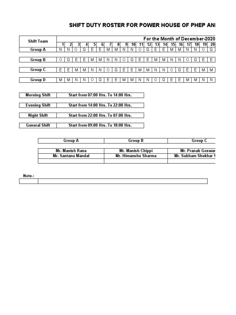 Shift Duty Roster 2021 | PDF