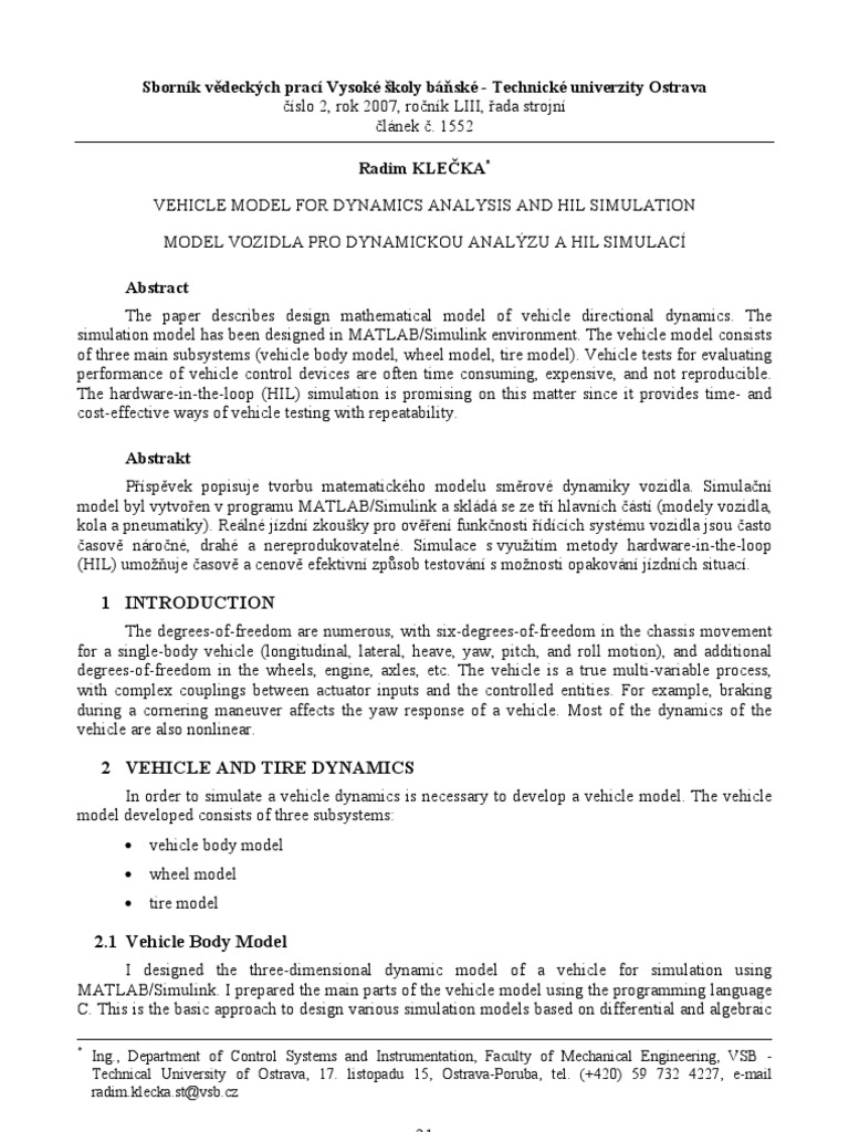 Vehicle Model For Dynamics Analysis and Hil Simulation | PDF | Rotation ...