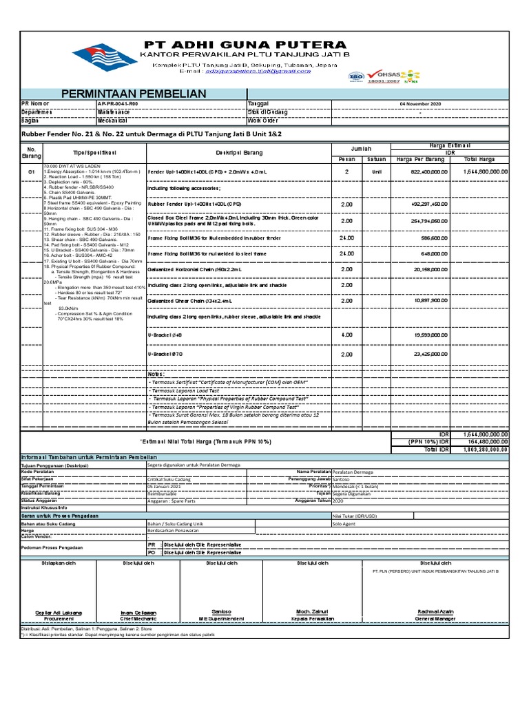 AP-PR-0041-R00 Rubber Fender No. 21 & 22 Untuk Dermaga Unit 1&2 | PDF | Teknologi Pembangunan ...