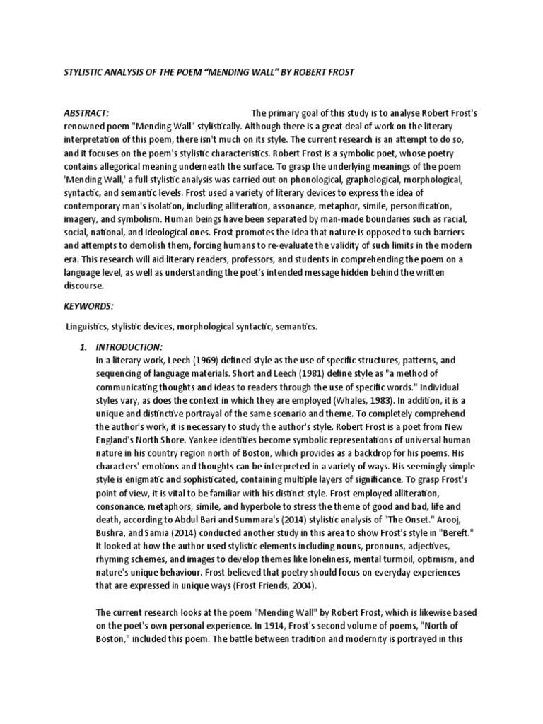 Stylistic Analysis of The Poem "Mending Wall" by Robert Frost | PDF ...