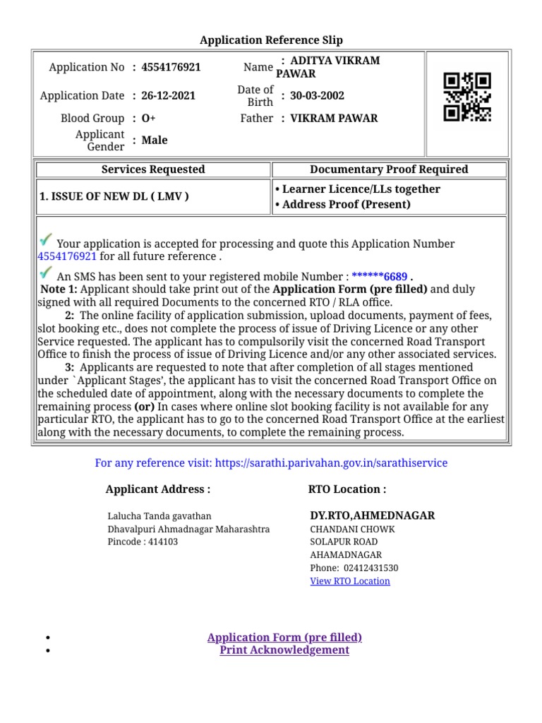 Application Form (Pre Filled) Print Acknowledgement | PDF