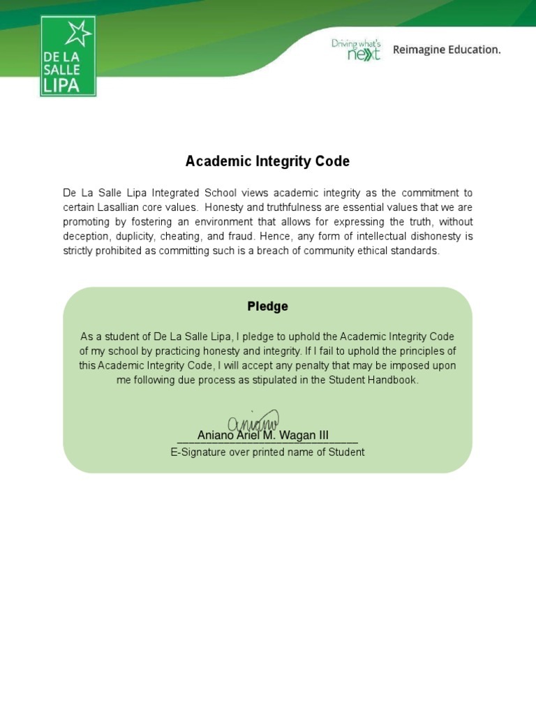 Academic Integrity Code: Pledge | PDF