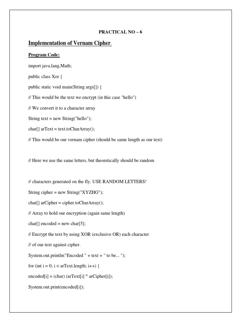 Implementation of Vernam Cipher: Practical No - 6 | PDF