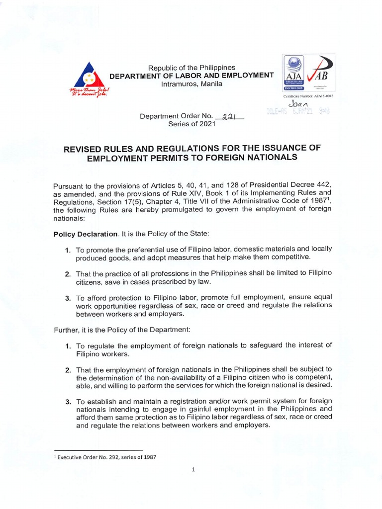 DO 221 20 Revised Rules and Regulations For The Issuance of Employment ...
