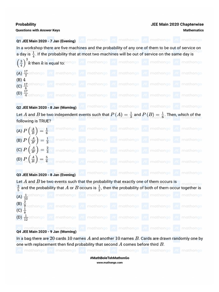 Probability Questions Jee Main 2020 Chapterwise Question Bank Mathongo ...