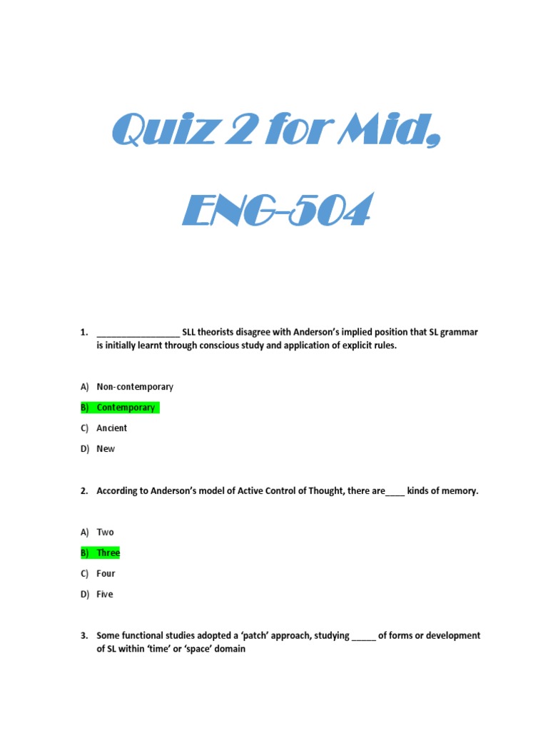 Quiz 2 for Mid-Level English Language Learning Course Analyzes Key ...