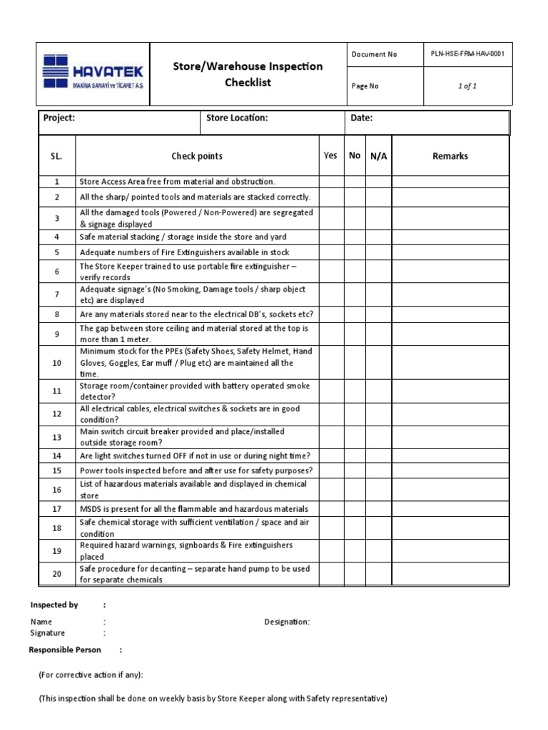 FR 001 Store-Warehouse Inspection Checklist | PDF | Safety ...