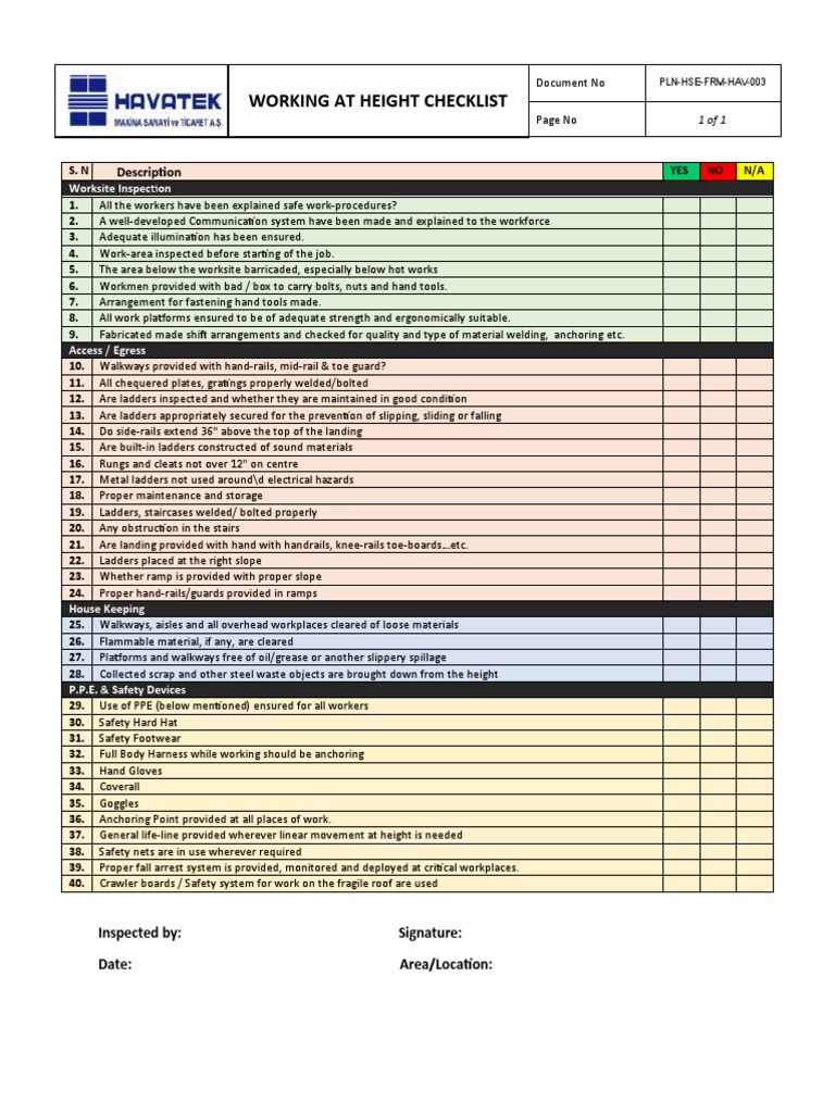 Working at Height Safety Checklist | PDF | Stairs | Personal Protective ...