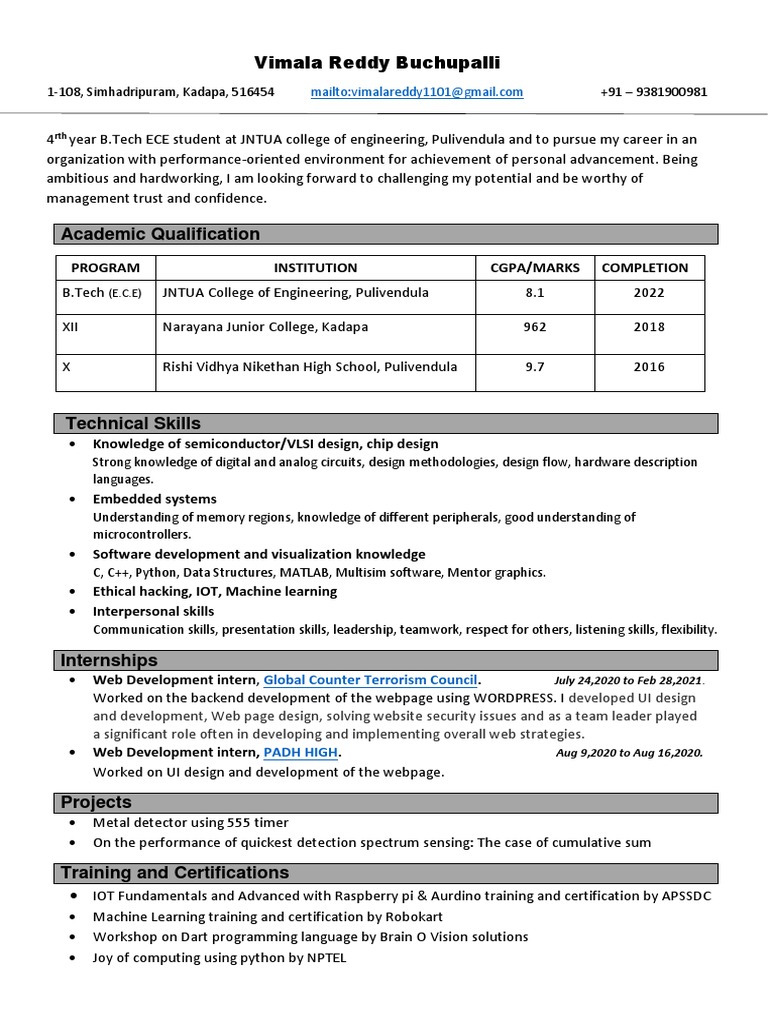 B.Tech ECE Student Resume - Vimala Reddy | PDF | Computing | Computer ...