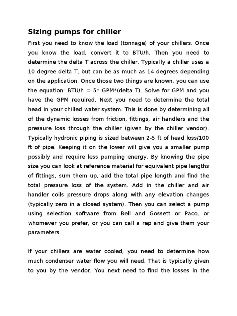 Sizing Pumps For Chiller | PDF