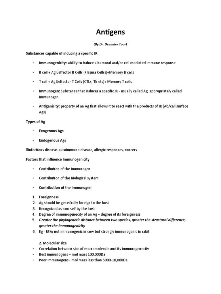 Antigens: (By Dr. Devinder Toor) | PDF | Antigen | Immunogenicity
