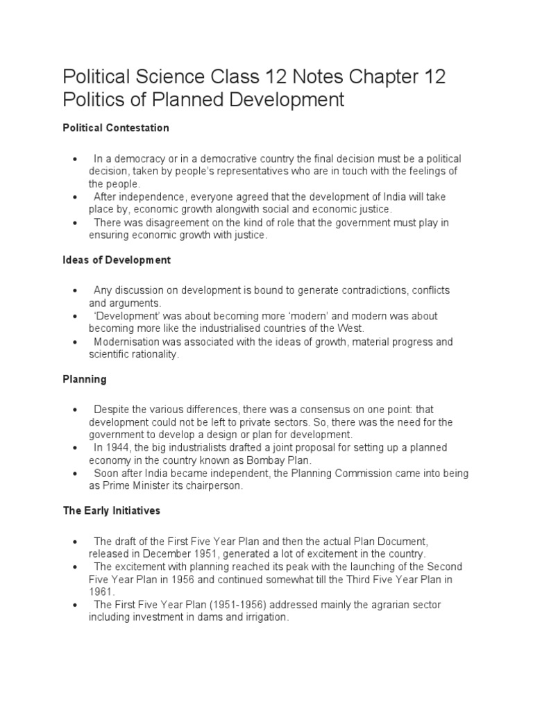 Political Science Class 12 Notes Chapter 12 Politics of Planned ...