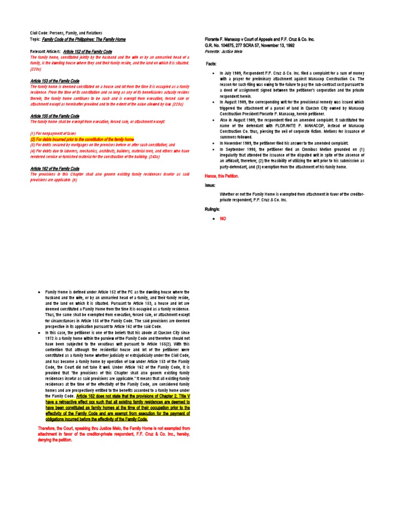 Family Code of The Philippines: The Family Home Ponente: Justice Melo ...