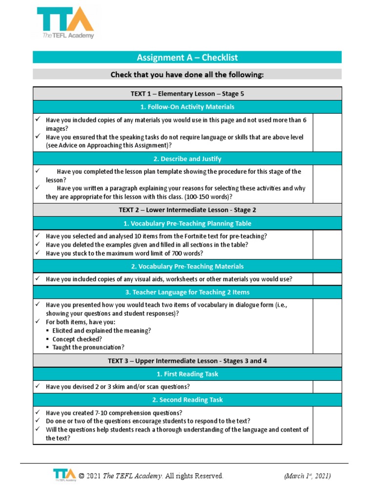 Assignment A Checklist | PDF | Neuropsychological Assessment ...