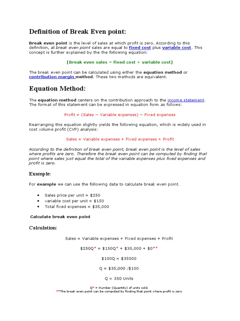 Break Even Point Calculation Guide | PDF | Management Accounting ...