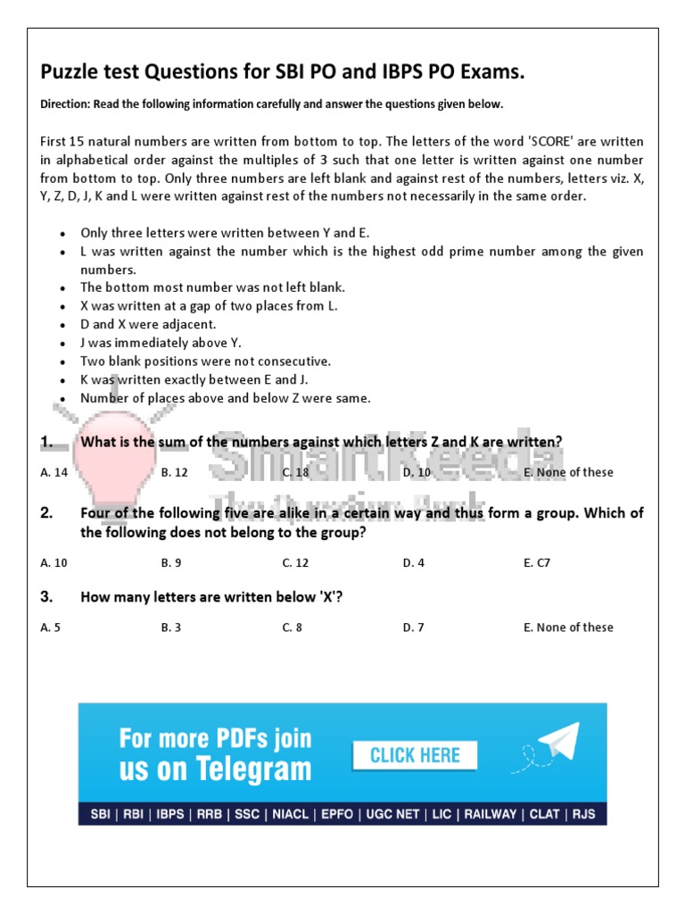 Puzzle Test Questions For SBI PO and IBPS PO Exams | Download Free PDF ...
