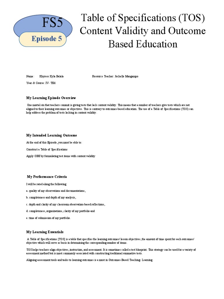 Table of Specifications (TOS) Content Validity and Outcome Based ...