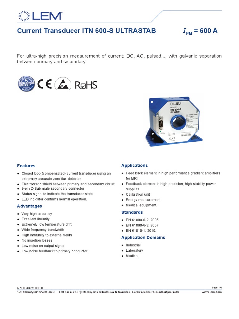 Current Transducer ITN 600-S ULTRASTAB 600 A | PDF | Insulator ...