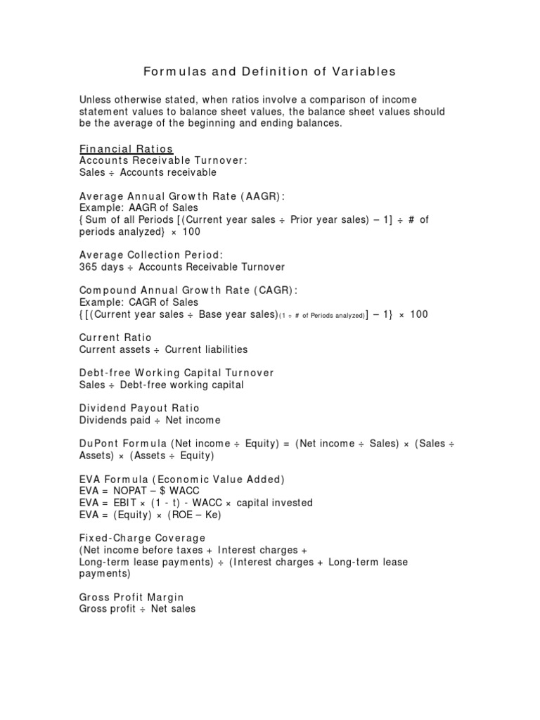 Formulas and Definition Variables | PDF | Cost Of Capital | Revenue