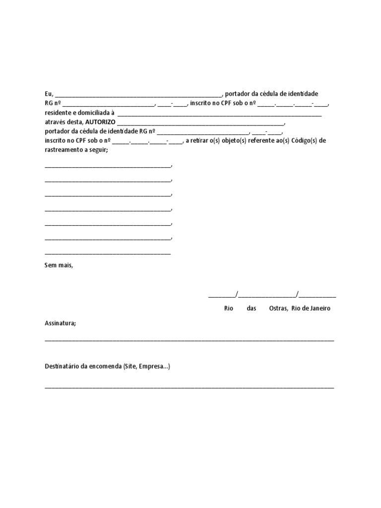 Autorização Retirada de Encomenda Por Terceiros | PDF Autorização Retirada de Encomenda Por Terceiros | PDF