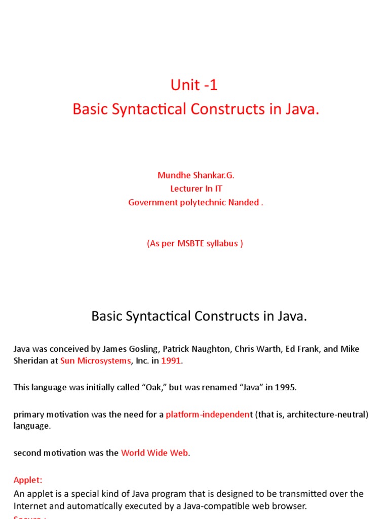 Unit - 1 Basic Syntactical Constructs in Java.: Mundhe Shankar.G ...