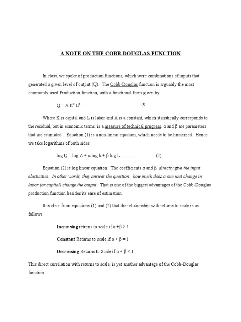 Cobb-Douglas Function - Notes | PDF