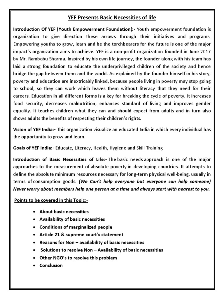 YEF Basic Necessities of Life | PDF | Basic Needs | Poverty