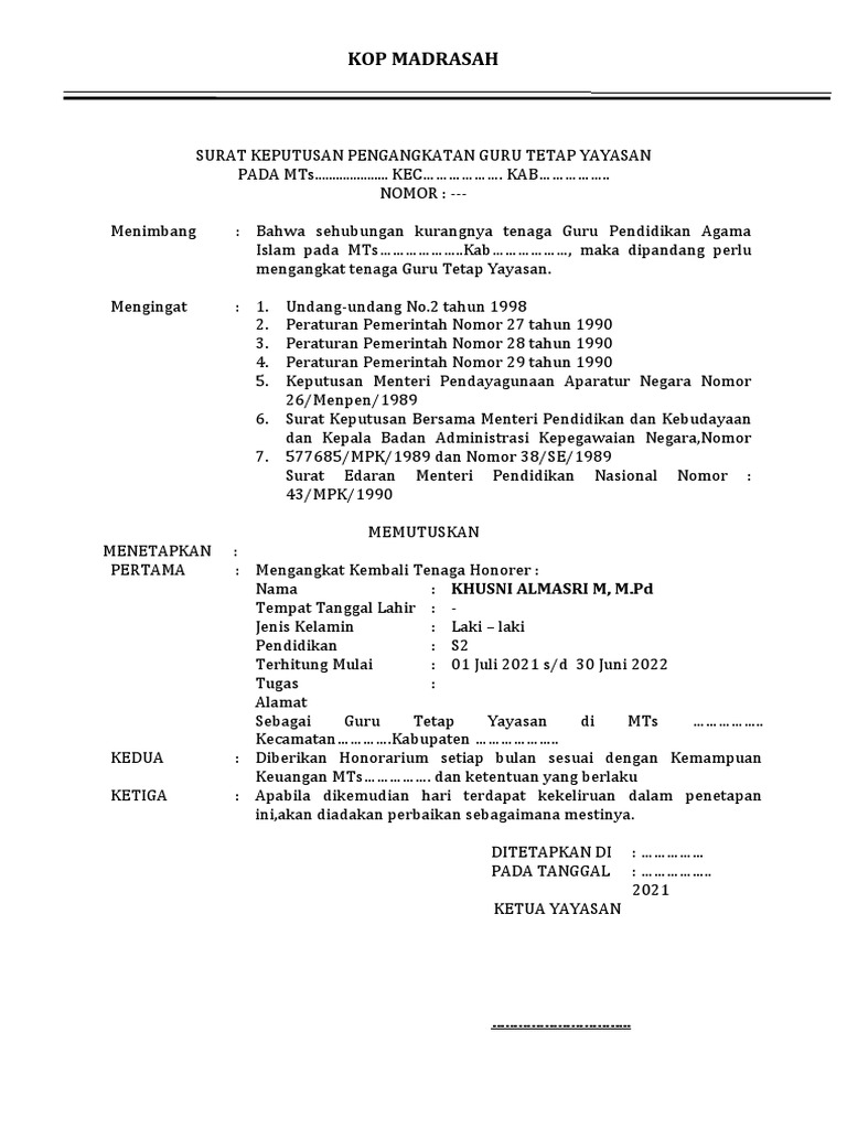 Contoh SK Pengangkatan Guru Tetap Yayasan | PDF