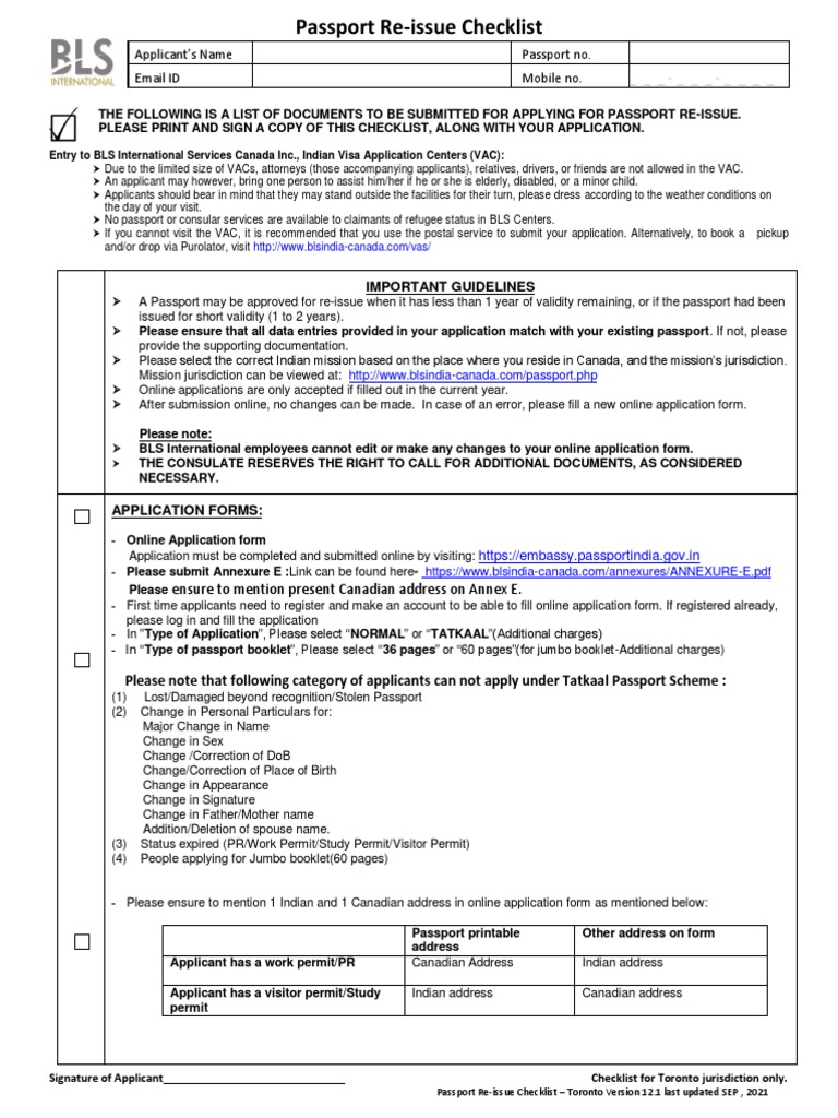 Toronto Passport Re Issue Checklist Rev SEP 13 2021 | PDF | Passport ...