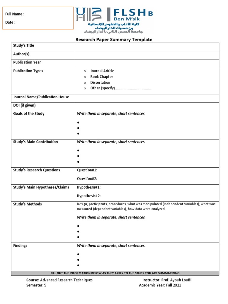 Research Paper Summary Template: o Journal Article o Book Chapter o ...